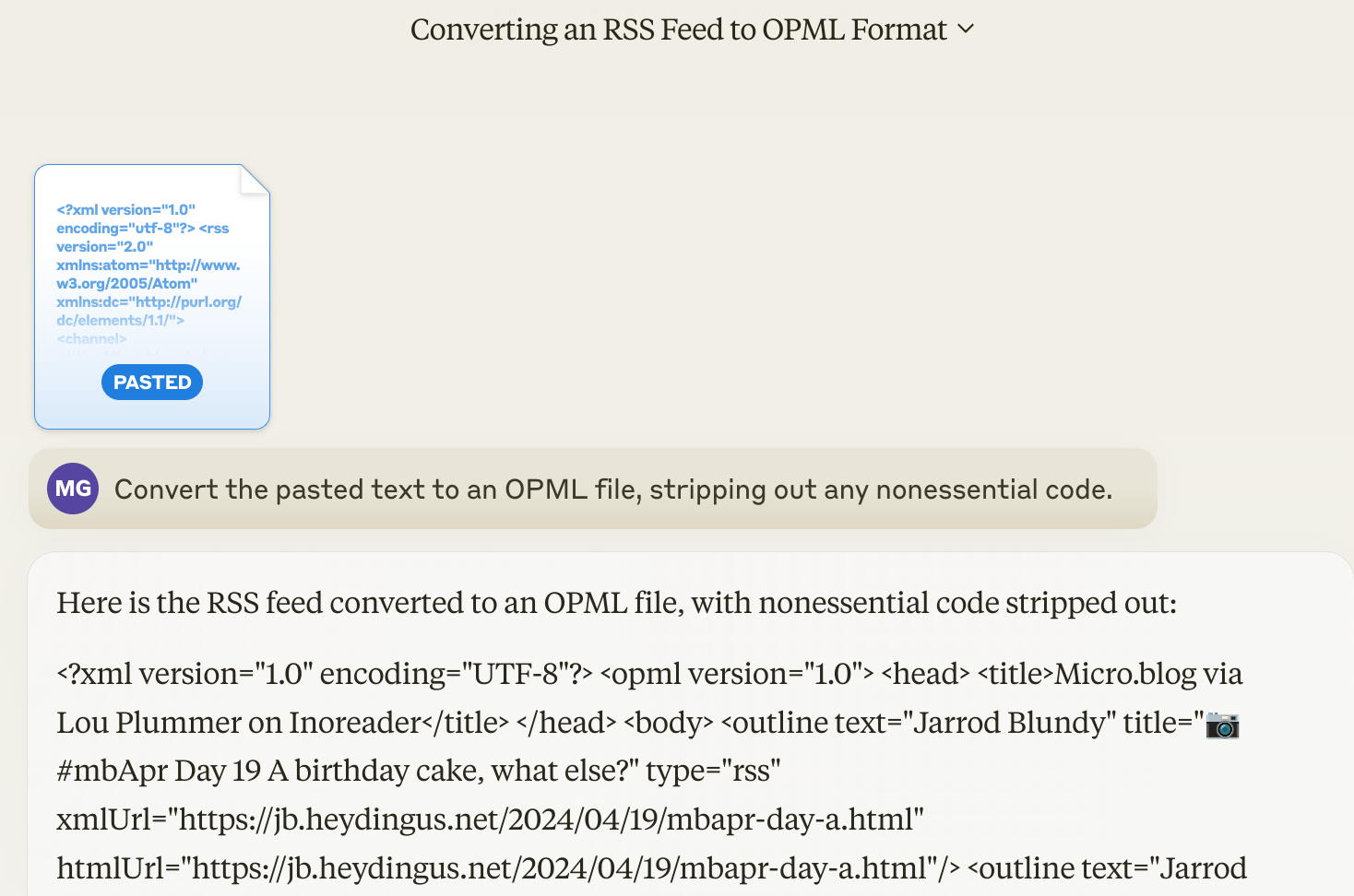 Converting RSS Feed to OPML with Claude.ai – Another Think Coming